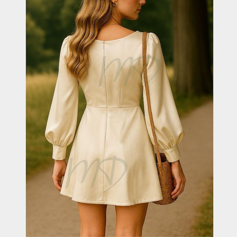 Vestido curto com decote em V profundo e manga bufante, padrão de ...