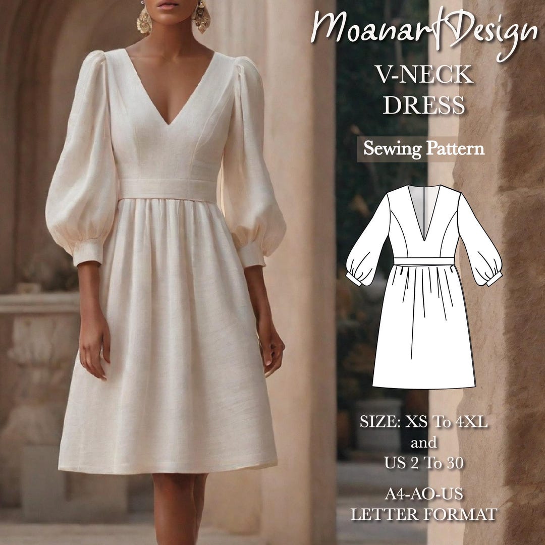 V Neck Dress Pattern, Long Sleeve Elopement Dress Sewing Pattern ...