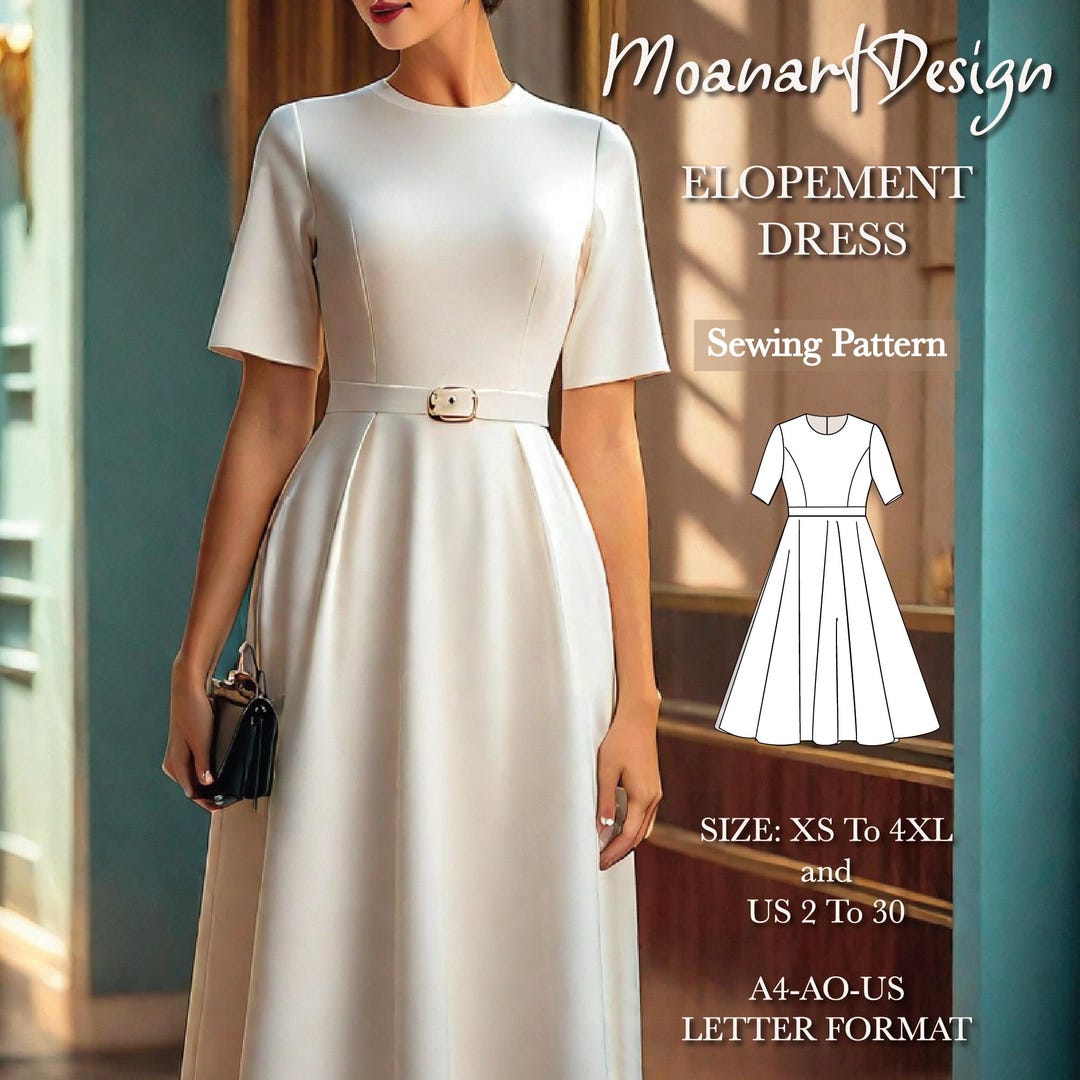 Elopement Dress Sewing Pattern, White Midi Dress Pattern, Midi Wedding ...