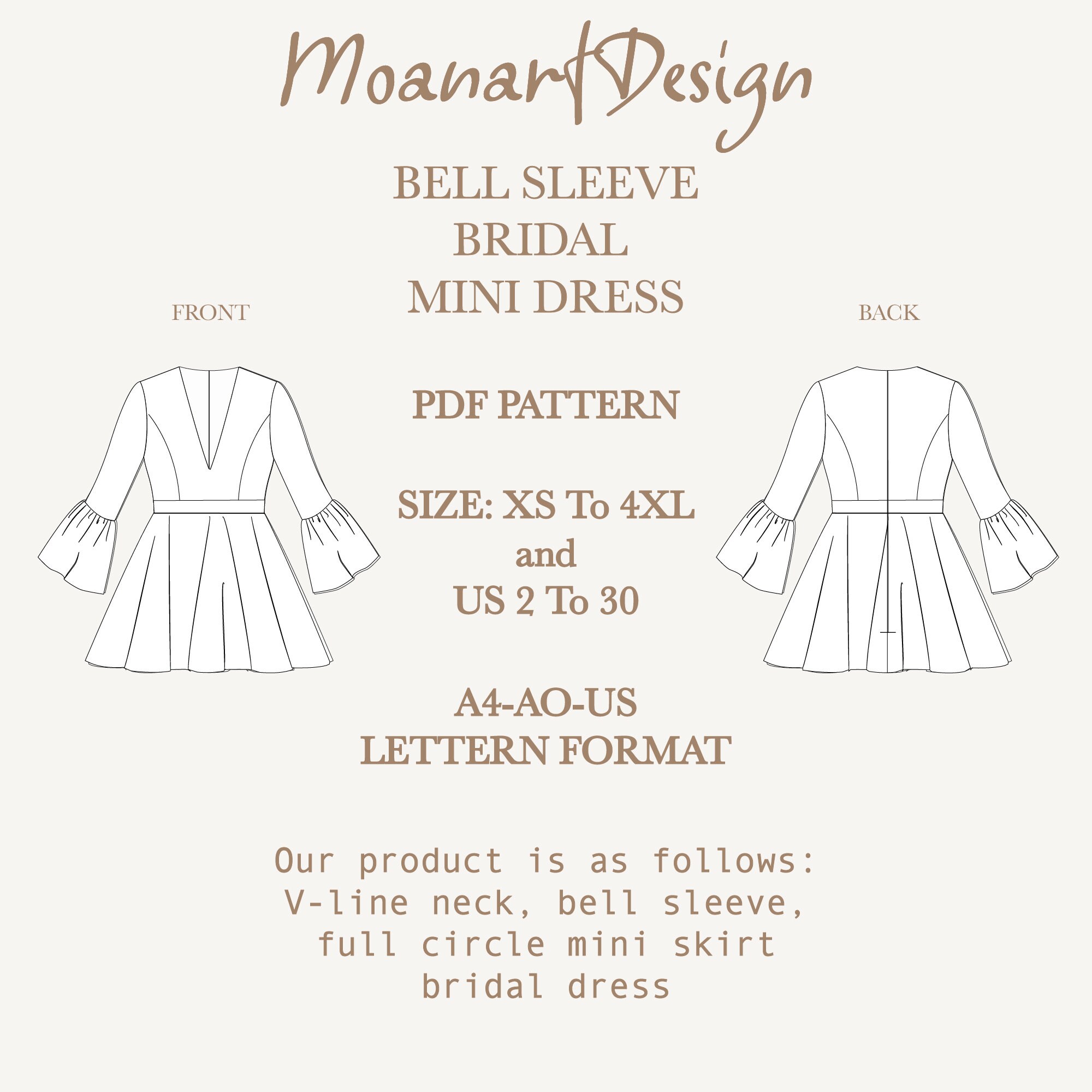 Bell Sleeve V-neck Mini Dress Pattern, Full Circle White Dress Pattern ...