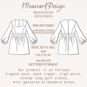 Bridesmaid Gathered Mini Dress PDF Pattern, Prom Regency Cottagecore ...