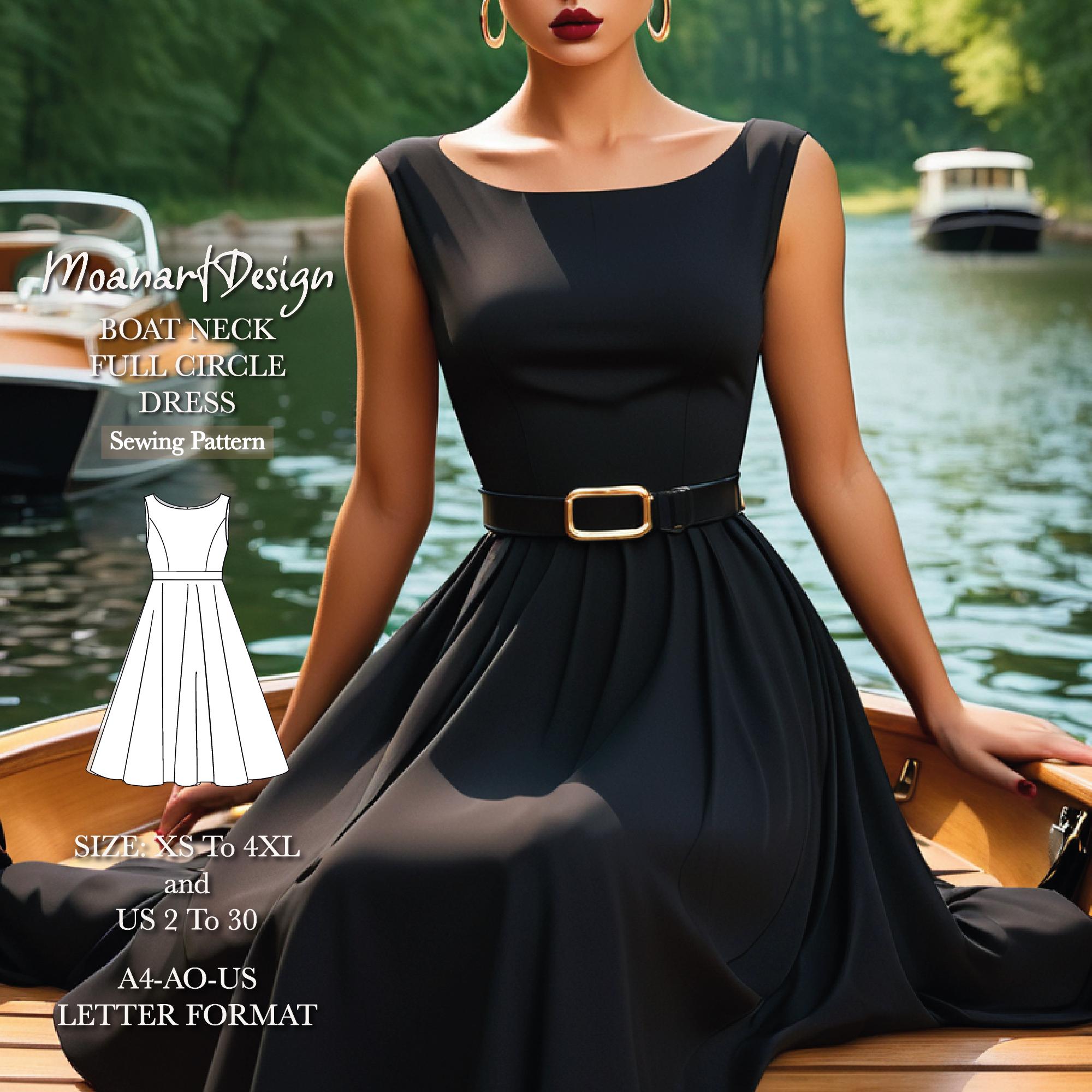 Vintage Style Boat Neck Sewing Dress Pattern, 1950's Full Circle Dress ...