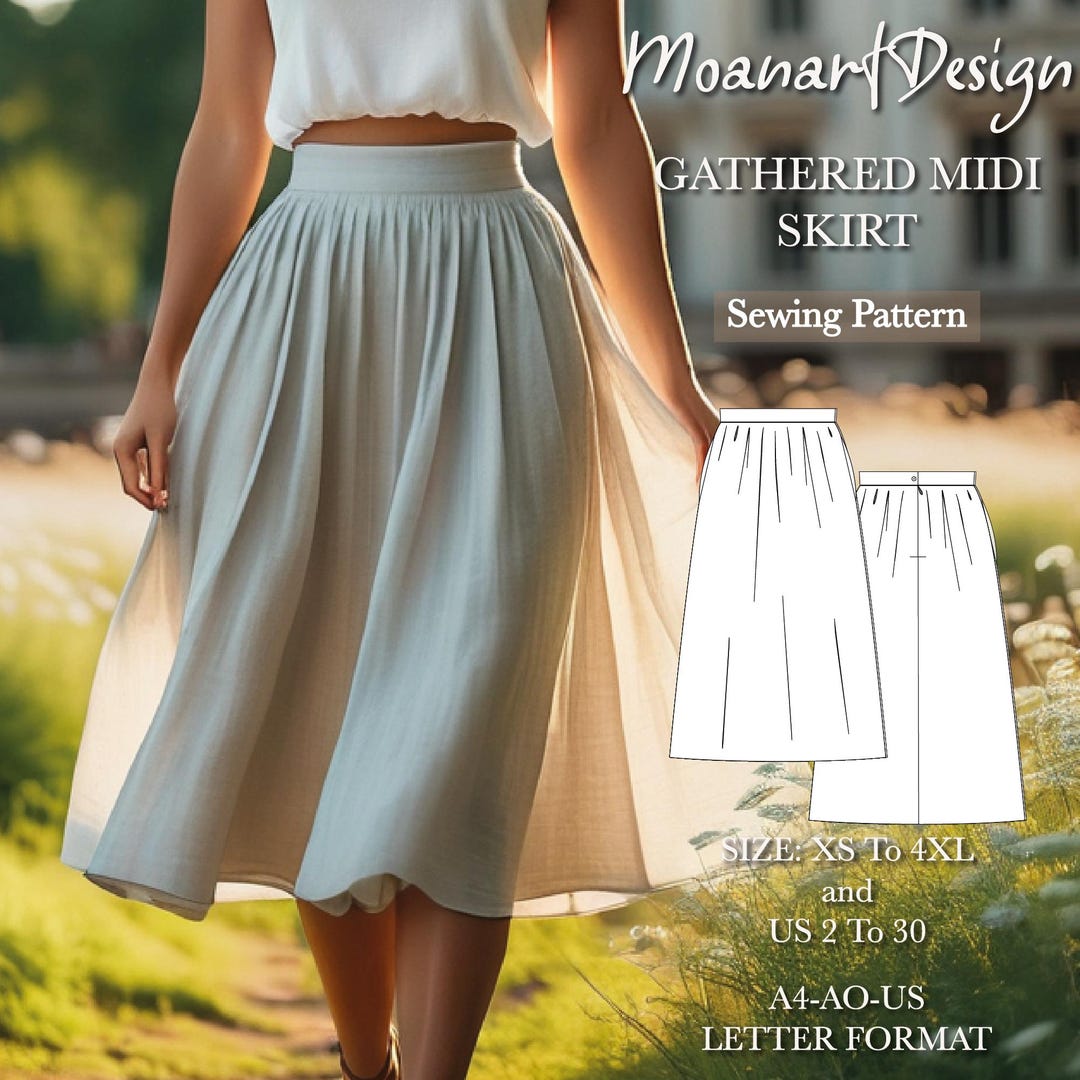 Gathered Midi Skirt PDF Sewing Pattern, Linen Skirt Sewing Pattern ...