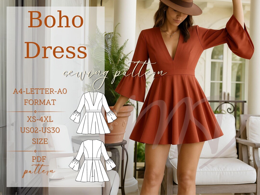 Boho Bell Sleeve Mini Dress Sewing Pattern: XS-4XL (PDF Pattern) - Etsy