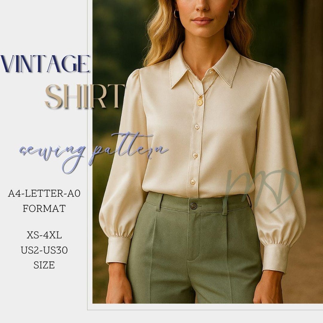 Vintage Shirt Sewing Pattern, Long Puff Sleeve Shirt PDF , Women Satin ...