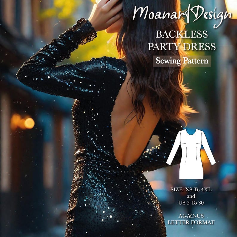 Backless Party Dress Sewing Pattern, Sequin Mini Dress Pattern, Evening ...
