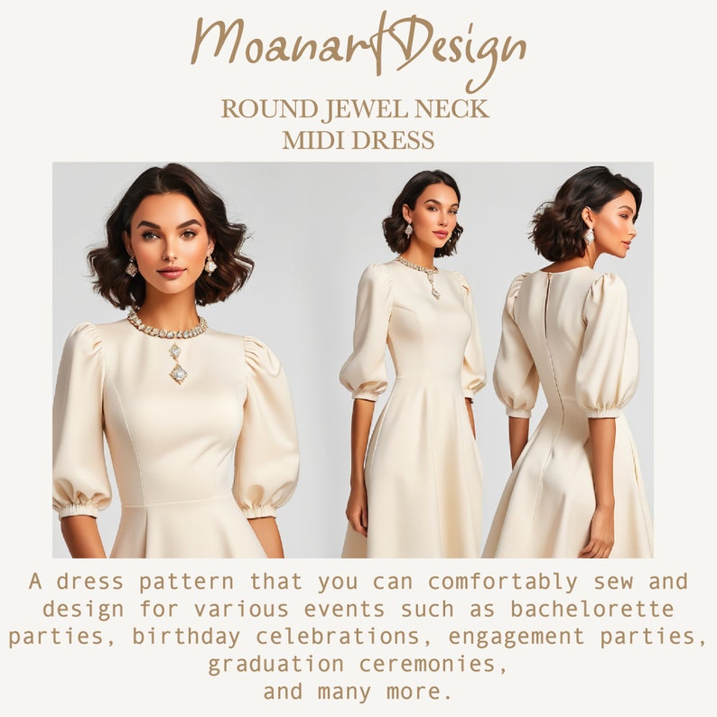 Round Neck Puff Sleeve Midi Dress Pattern/skirt With Pockets Midi Dress ...