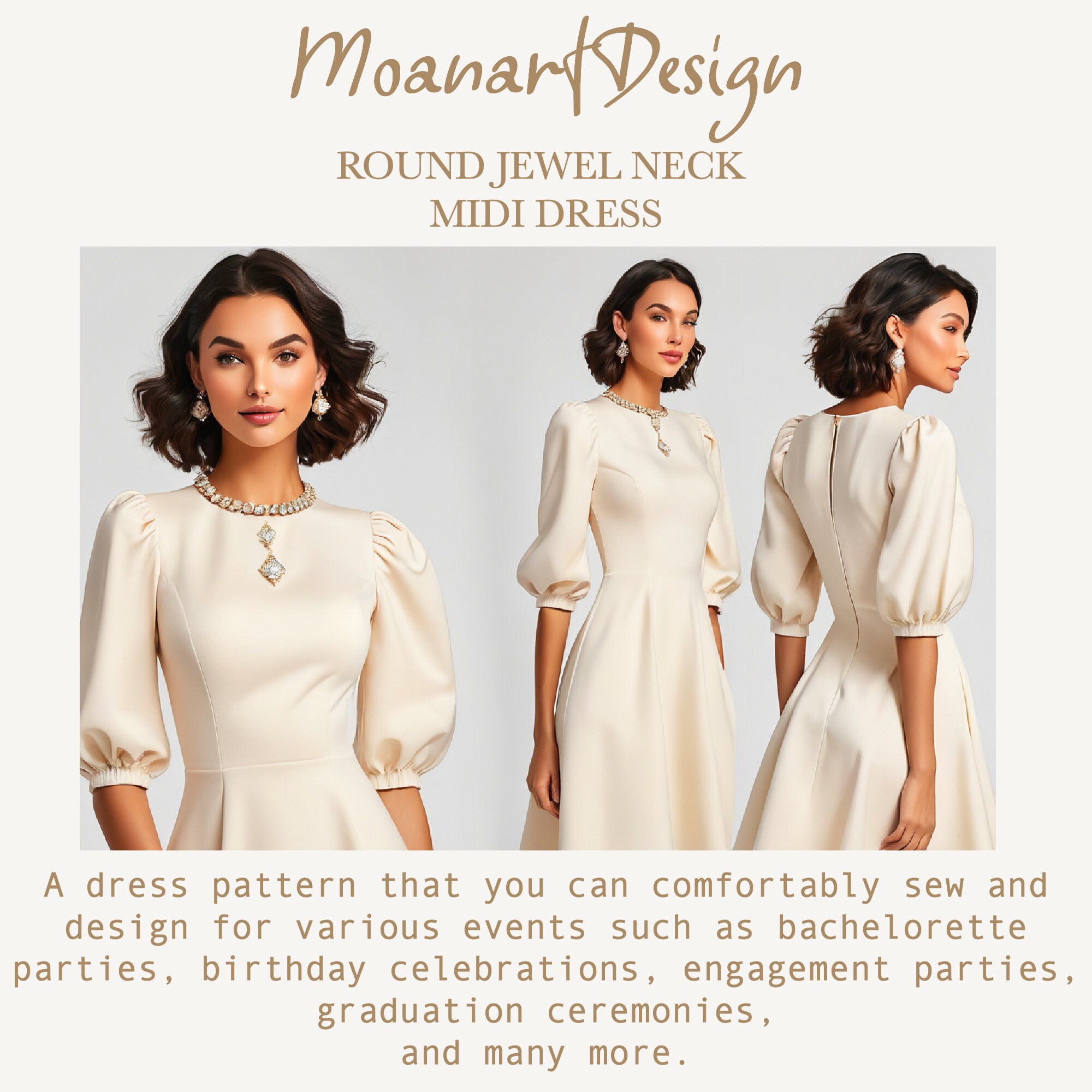 Round Neck Puff Sleeve Midi Dress Pattern/skirt With Pockets Midi Dress ...