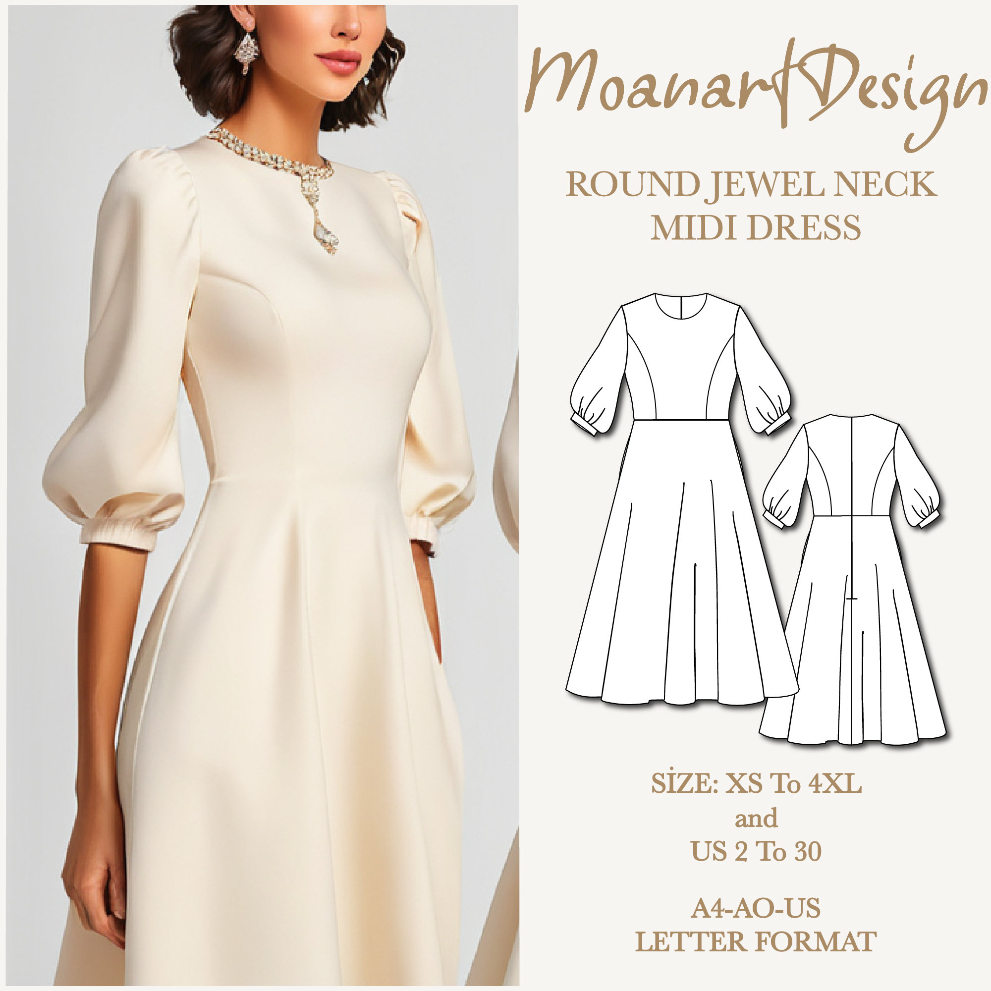 Round Neck Puff Sleeve Midi Dress Pattern/skirt With Pockets Midi Dress ...