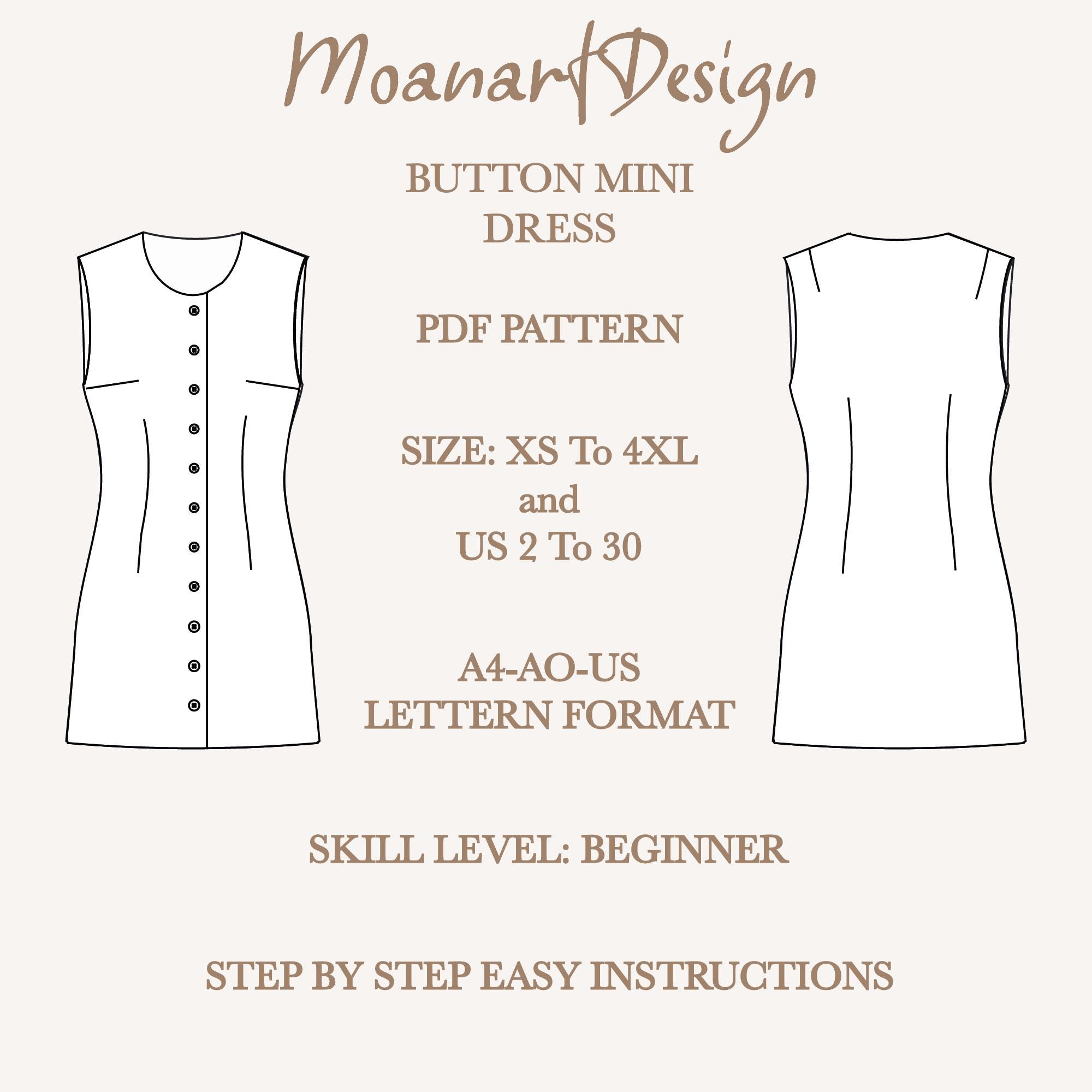 Button Mini Dress Pattern, Round Neck Dress Pattern, Sleeveless Dress ...