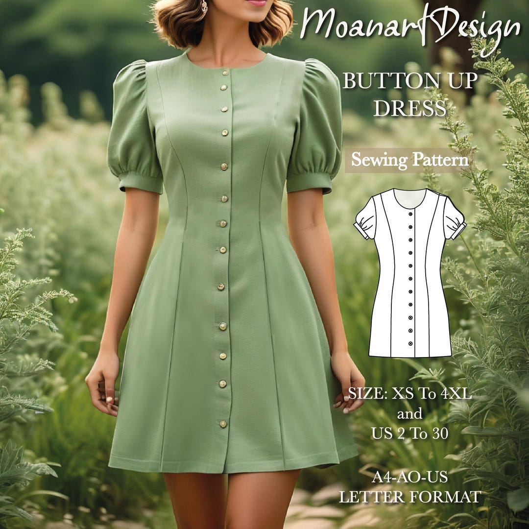 Button up Dress Pattern, Puff Sleeve Linen Dress Pattern, Round Neck ...