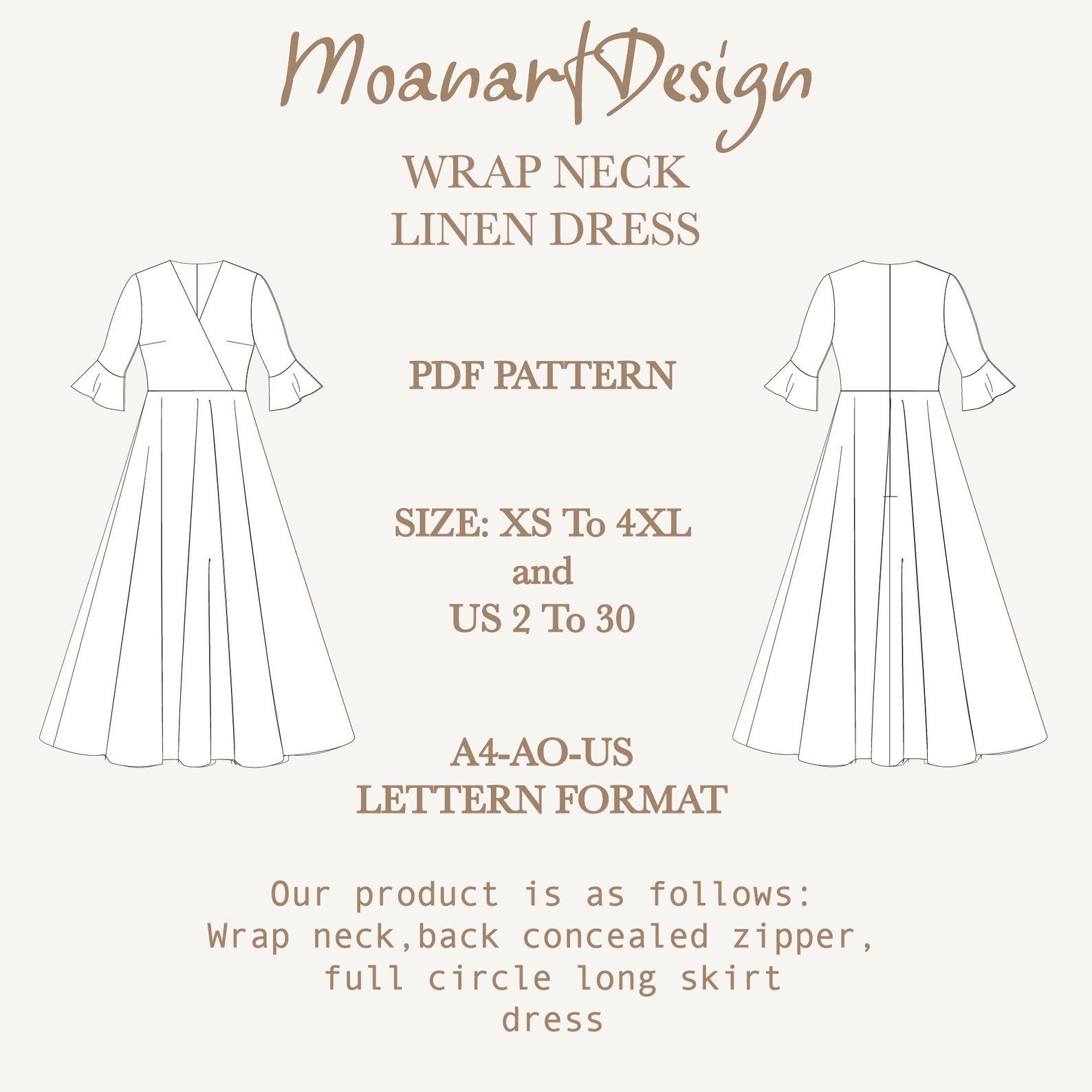 Wrap Neck Bell Sleeve Maxi Dress PDF Pattern, Long Sleeve Bohemian ...
