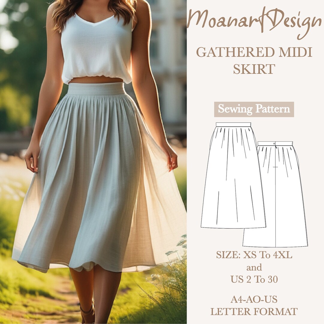 Gathered Midi Skirt PDF Sewing Pattern, Boho Skirt, Summer Midi Skirt ...
