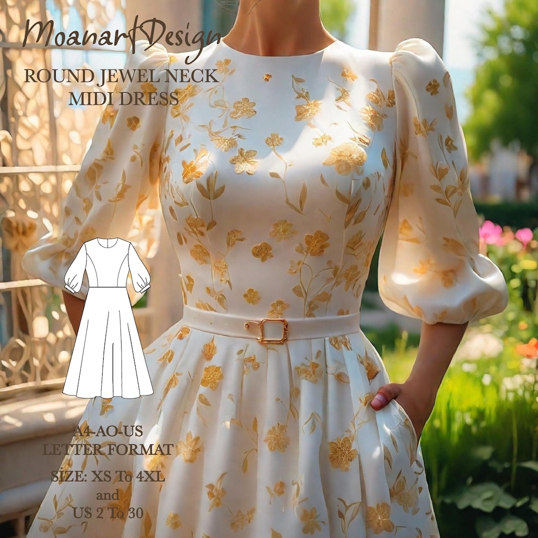 Round Neck Dress Pattern, Puff Sleeve Cottagecore Dress, Romantic Dress ...