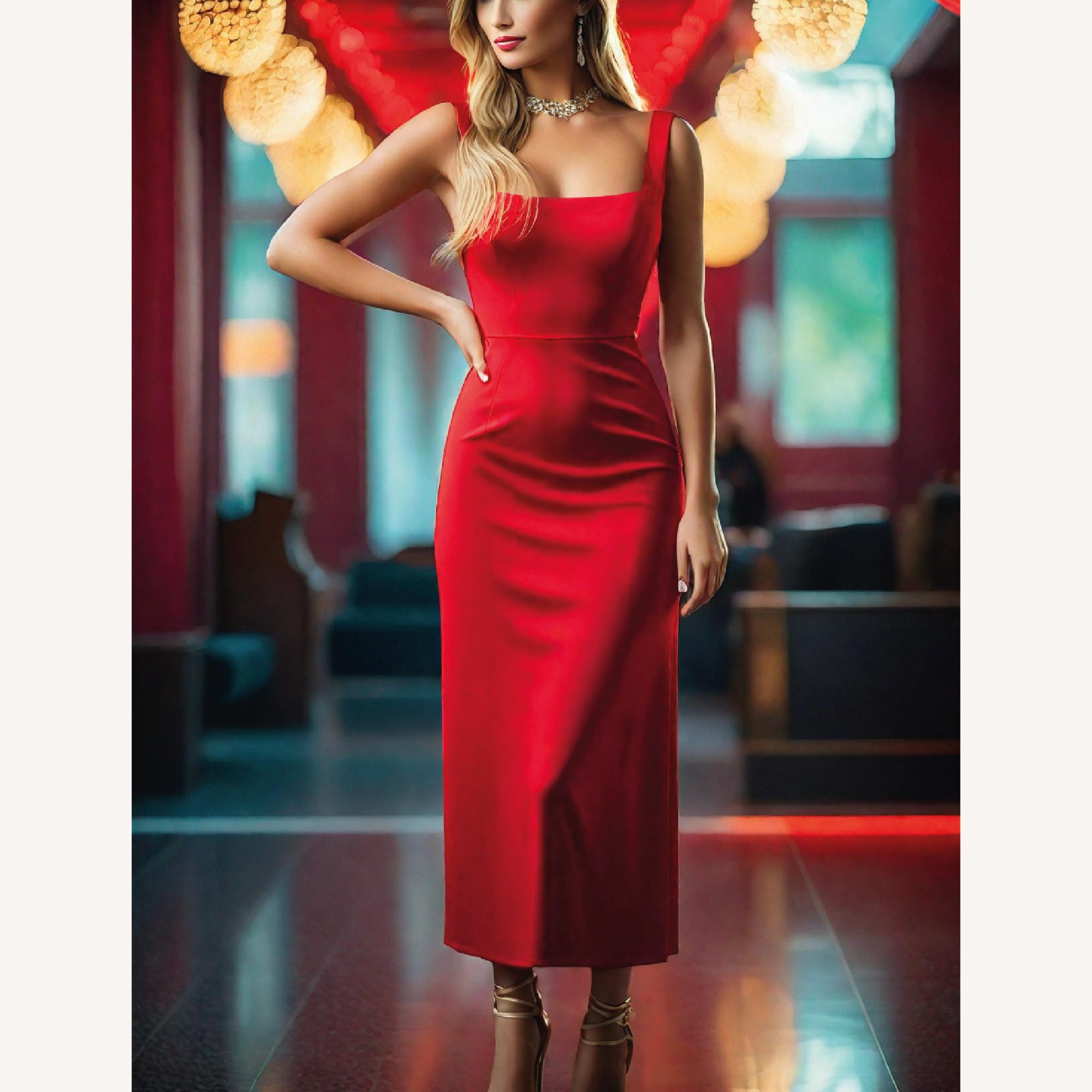 Square Neck Red Midi Dress Pattern, Wedding Guest Dress Pattern ...