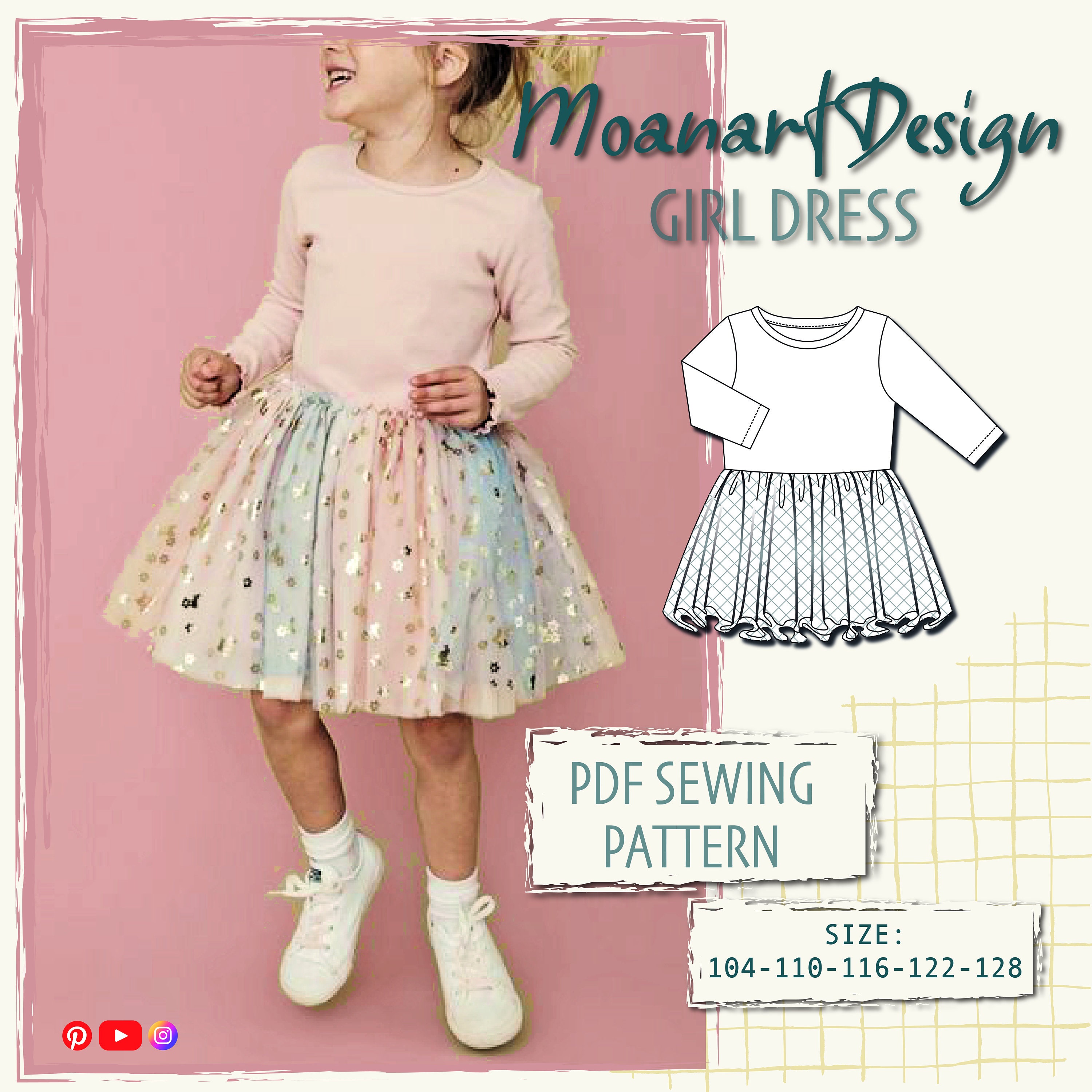 Jersey and Tutu Detail Long Sleeve Girls Dress DPF Pattern Ages 4 to 8 ...