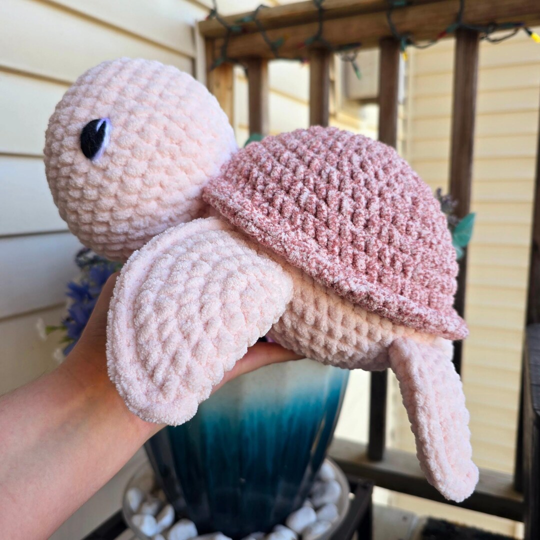 Large Crochet Turtle Plushie - Soft Handmade Pink Turtle Stuffed Animal ...