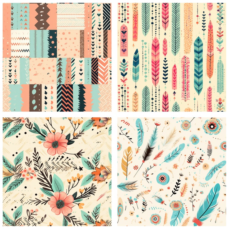 Boho Teal and Pink Watercolor Digital Paper, Seamless Patterns ...