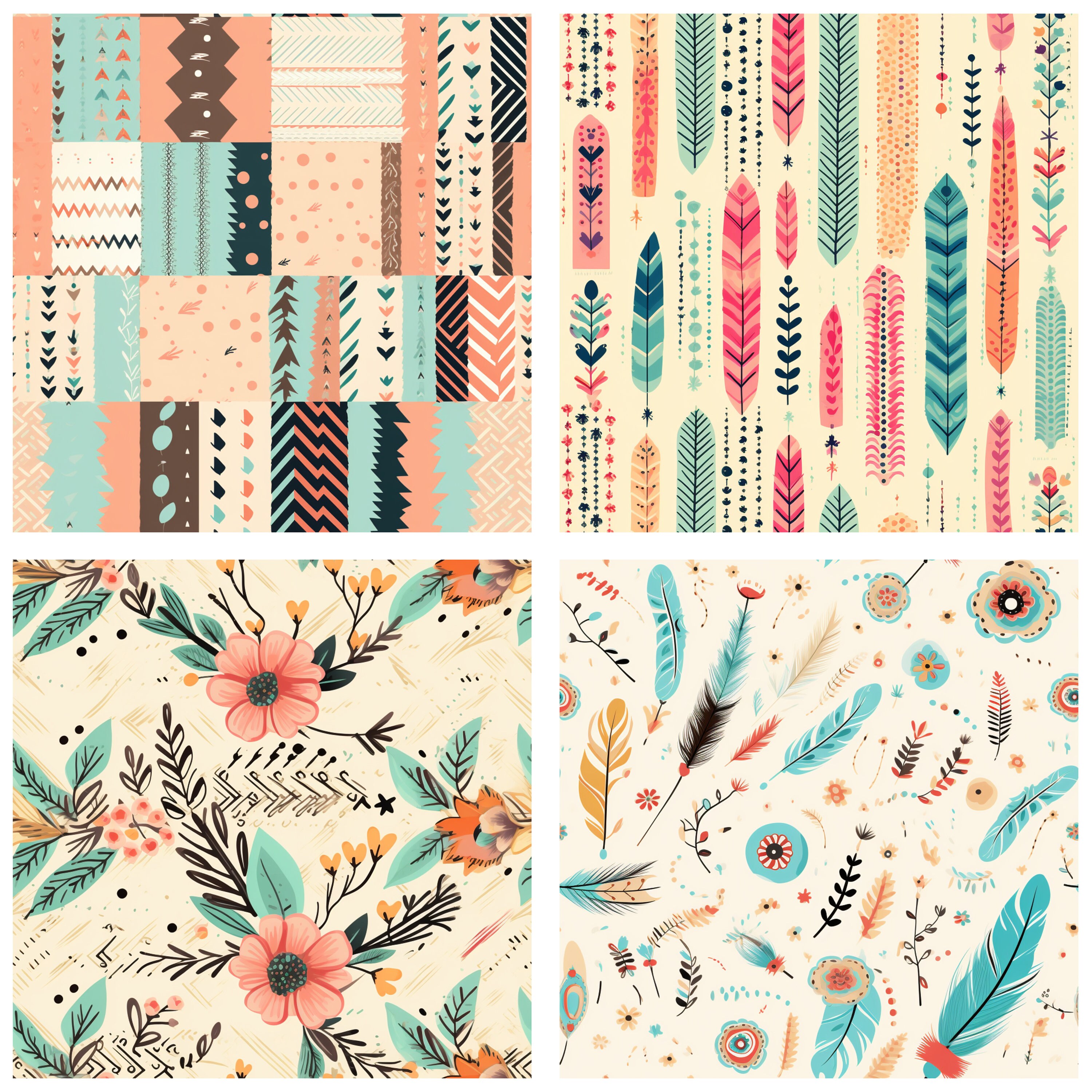 Boho Teal and Pink Watercolor Digital Paper, Seamless Patterns ...