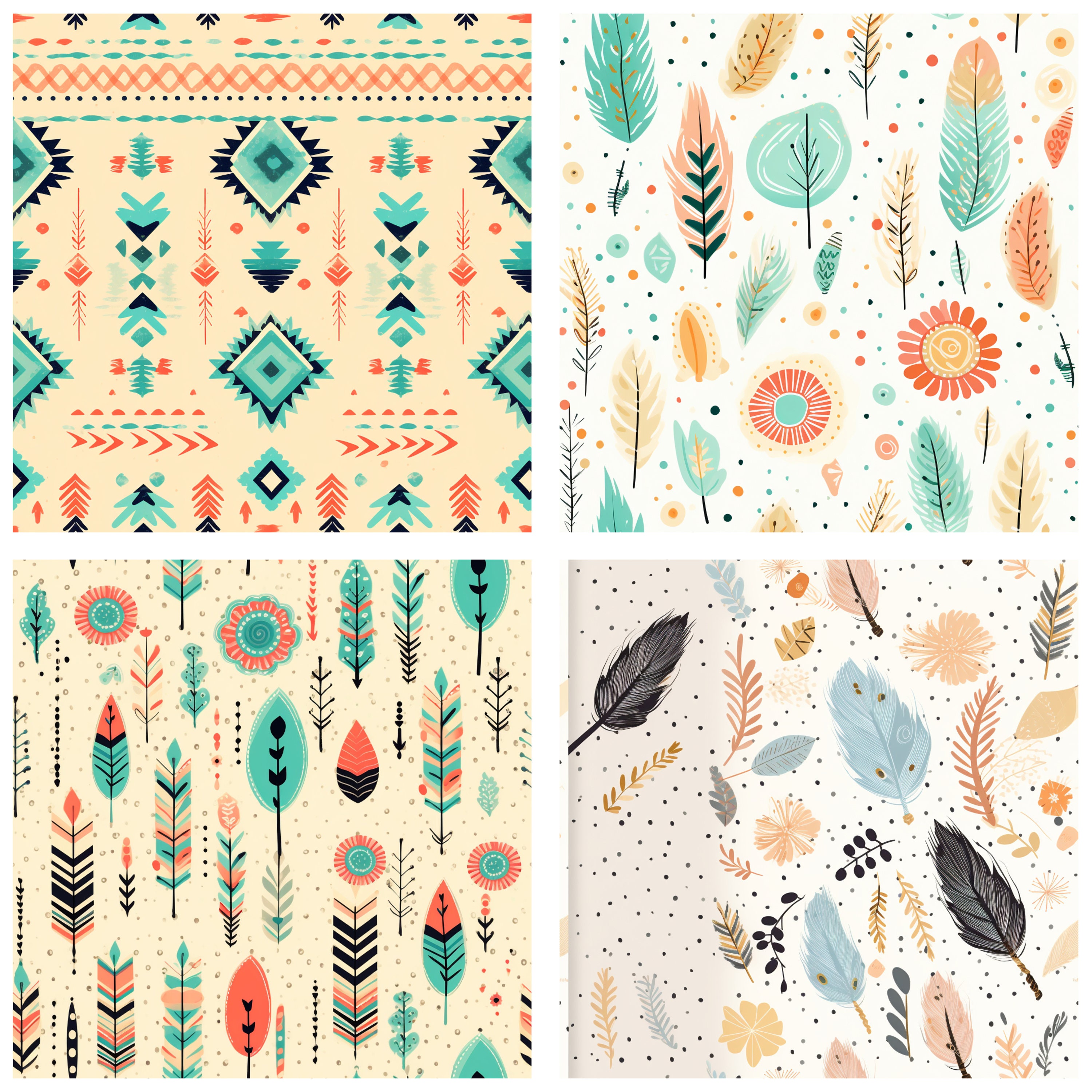 Boho Teal and Pink Watercolor Digital Paper, Seamless Patterns ...