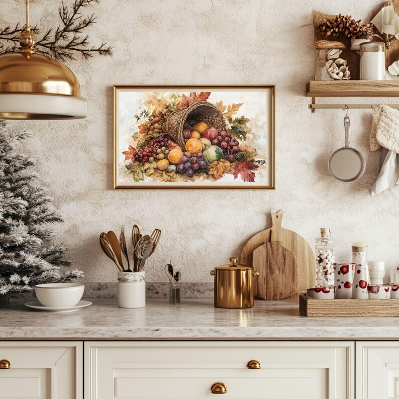 Vintage Cornucopia Watercolor Art Print Rustic Harvest Season Decor ...