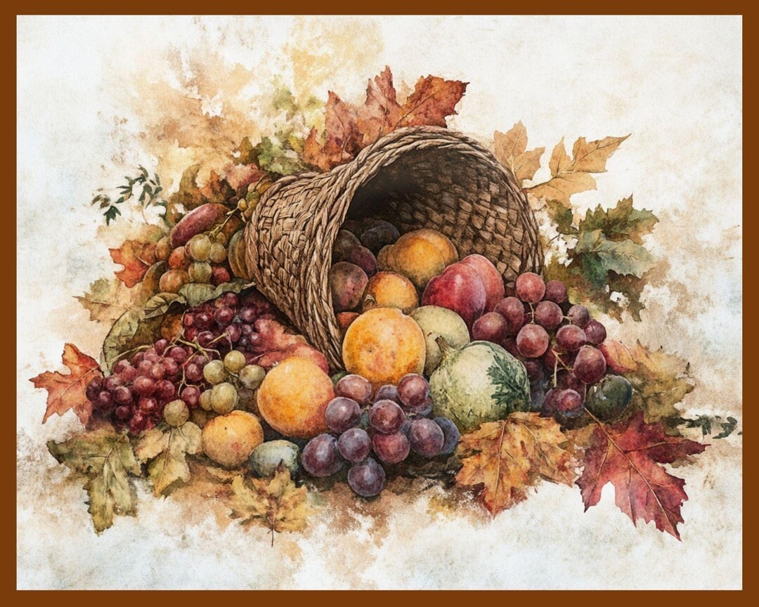 Vintage Cornucopia Watercolor Art Print Rustic Harvest Season Decor ...