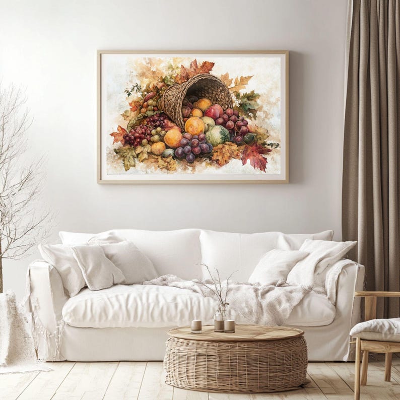 Vintage Cornucopia Watercolor Art Print Rustic Harvest Season Decor ...