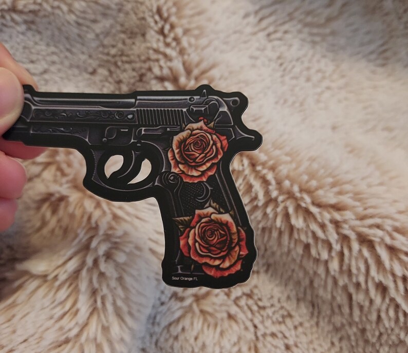 Black Pistol With Red Roses Gun Sticker - Etsy