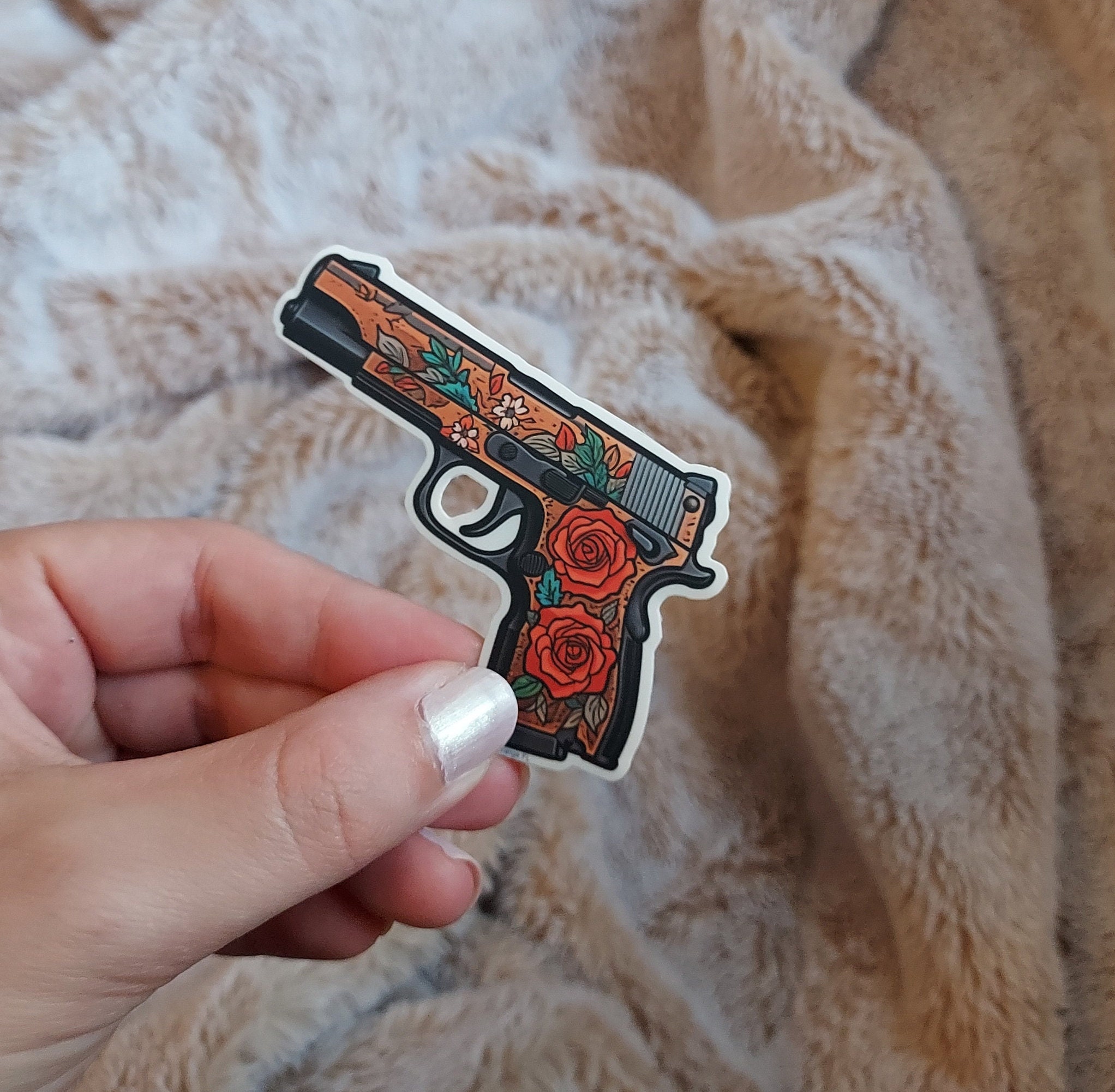 Gun and Roses Pistol Sticker - Etsy