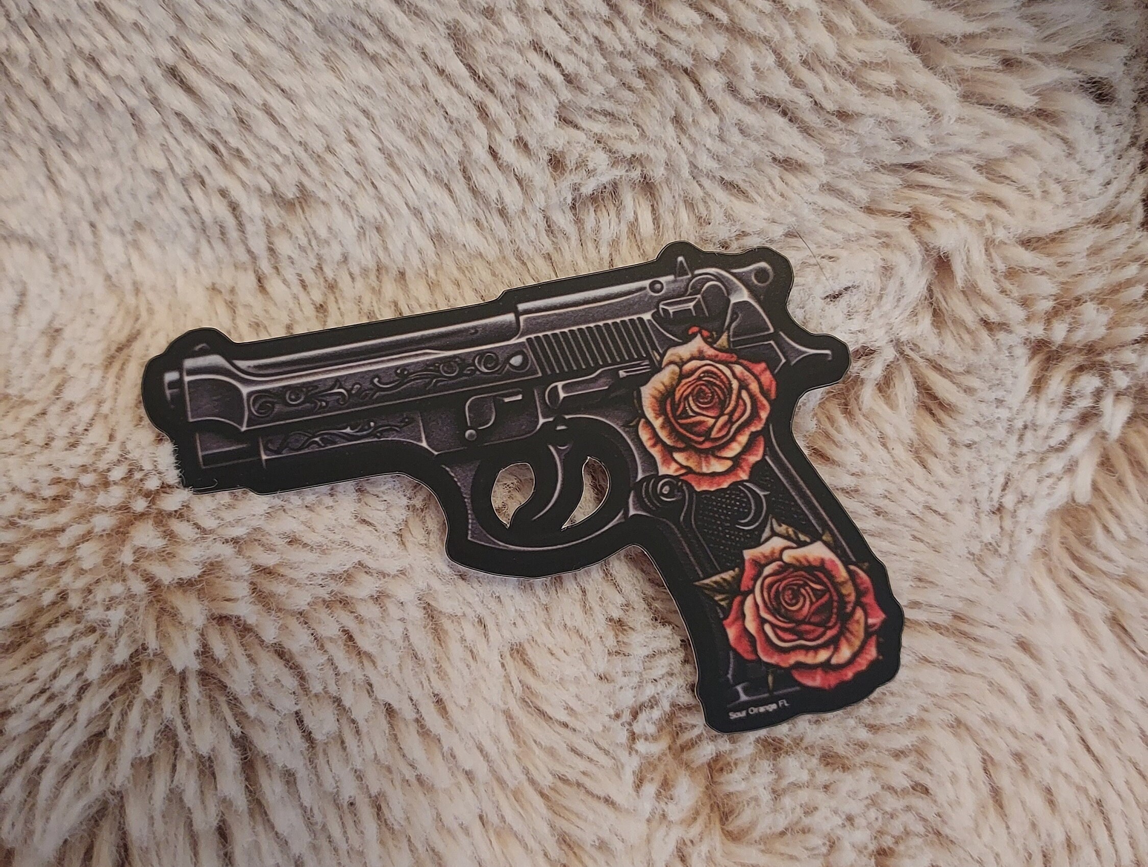 Black Pistol With Red Roses Gun Sticker - Etsy