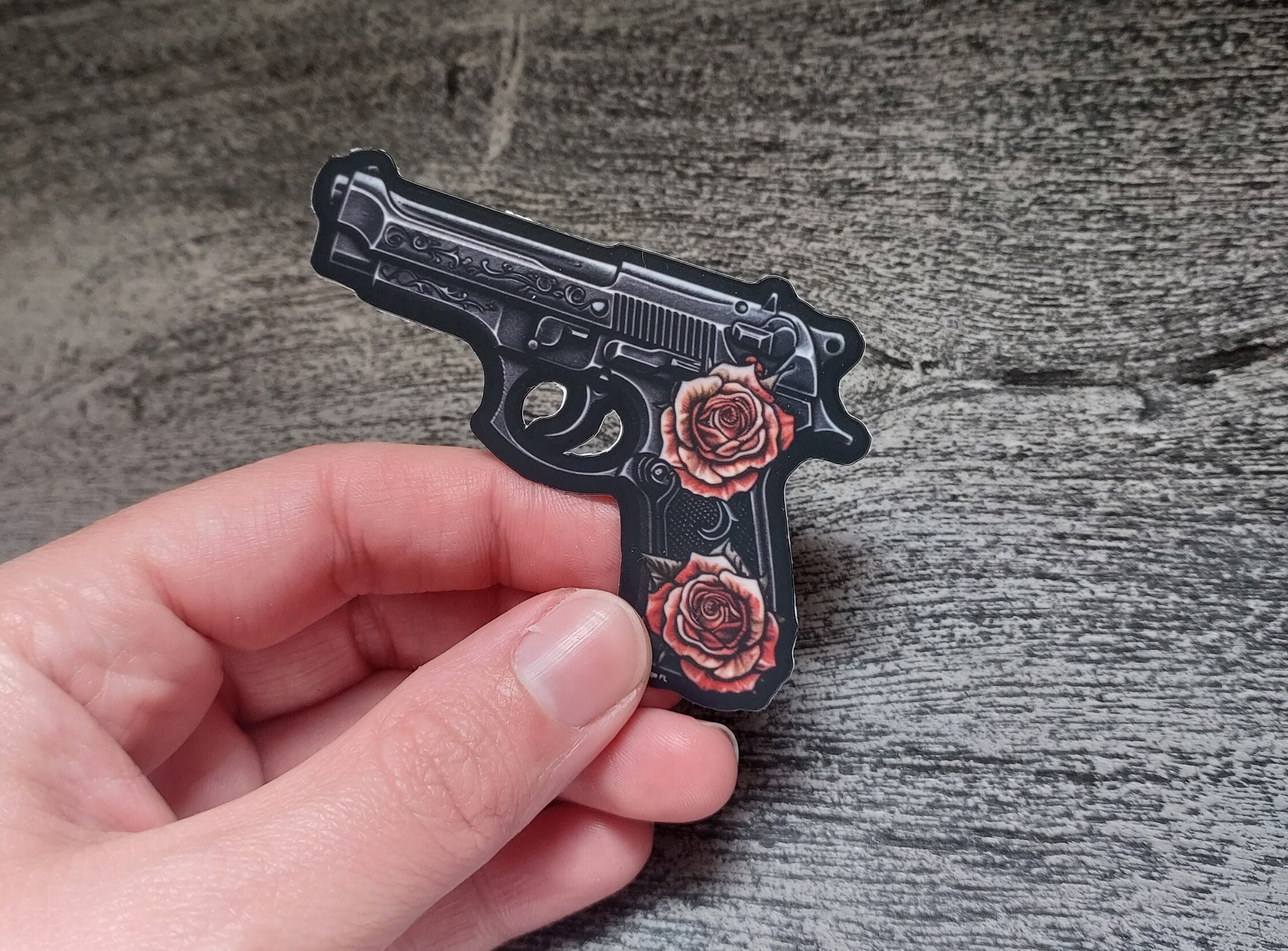Black Pistol With Red Roses Gun Sticker - Etsy
