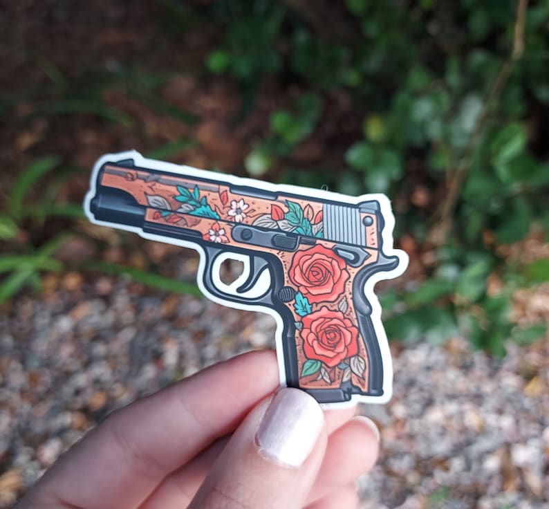 Gun and Roses Pistol Sticker - Etsy