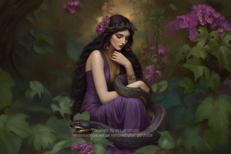 Lilith Serpent Queen Art Print: Printable Purple Green Floral Goddess ...