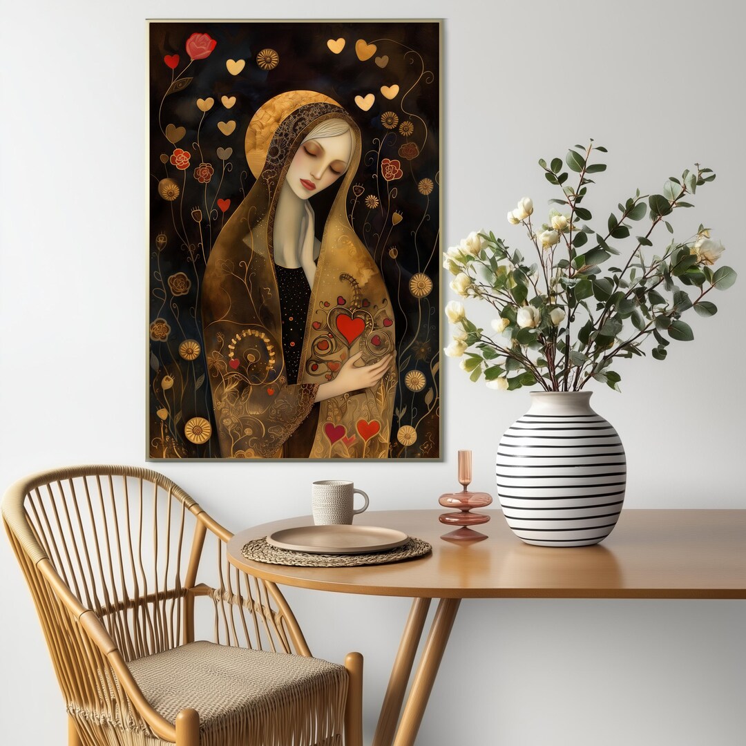 Mary Magdalene Floral Hearts Print: Abstract Surreal Bronze Red Altar ...