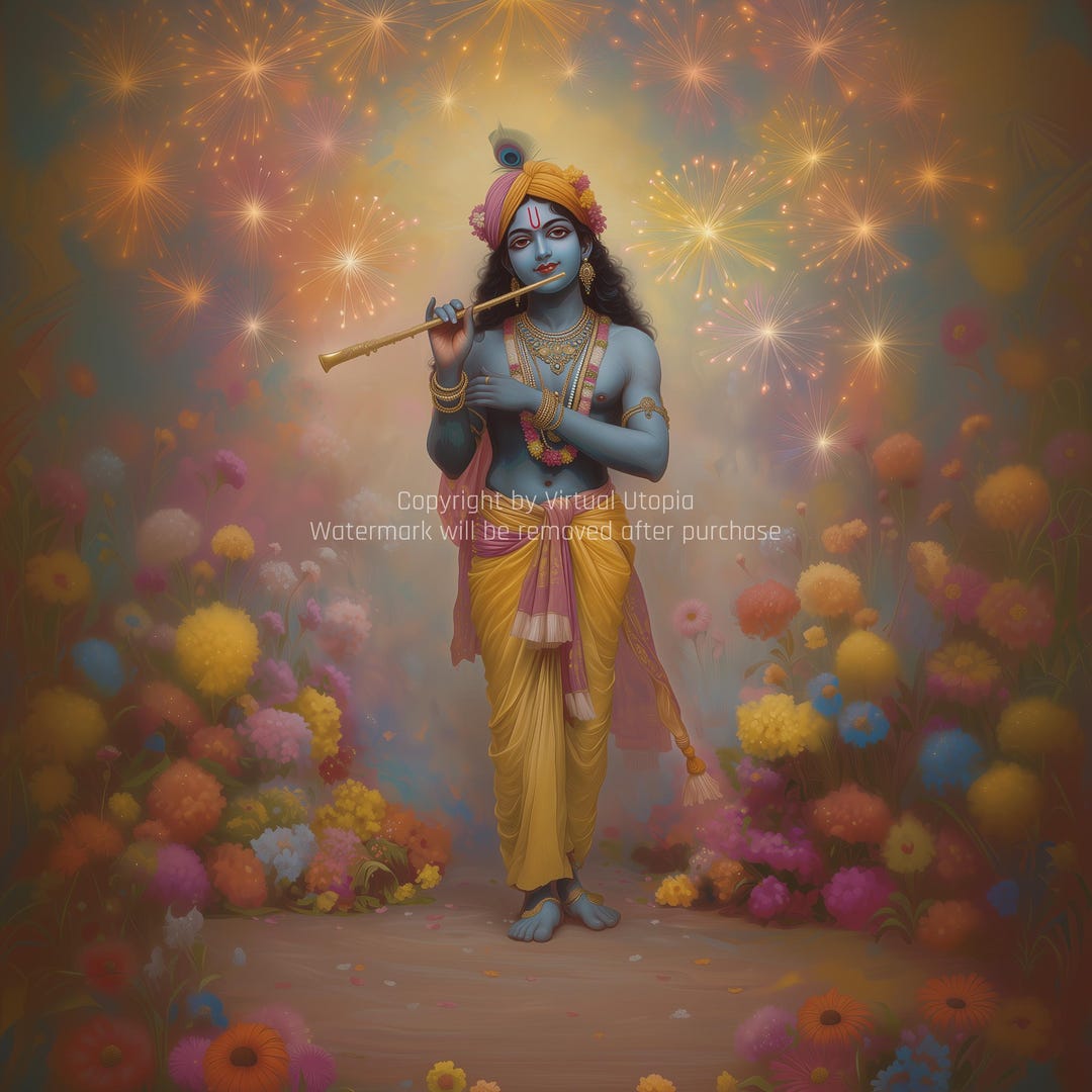 Lord Krishna Playing the Flute Pastel Rainbow Fireworks INSTANT DIGITAL ...
