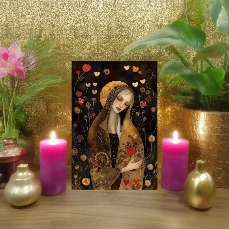 Mary Magdalene Floral Hearts Print: Abstract Surreal Bronze Red Altar ...