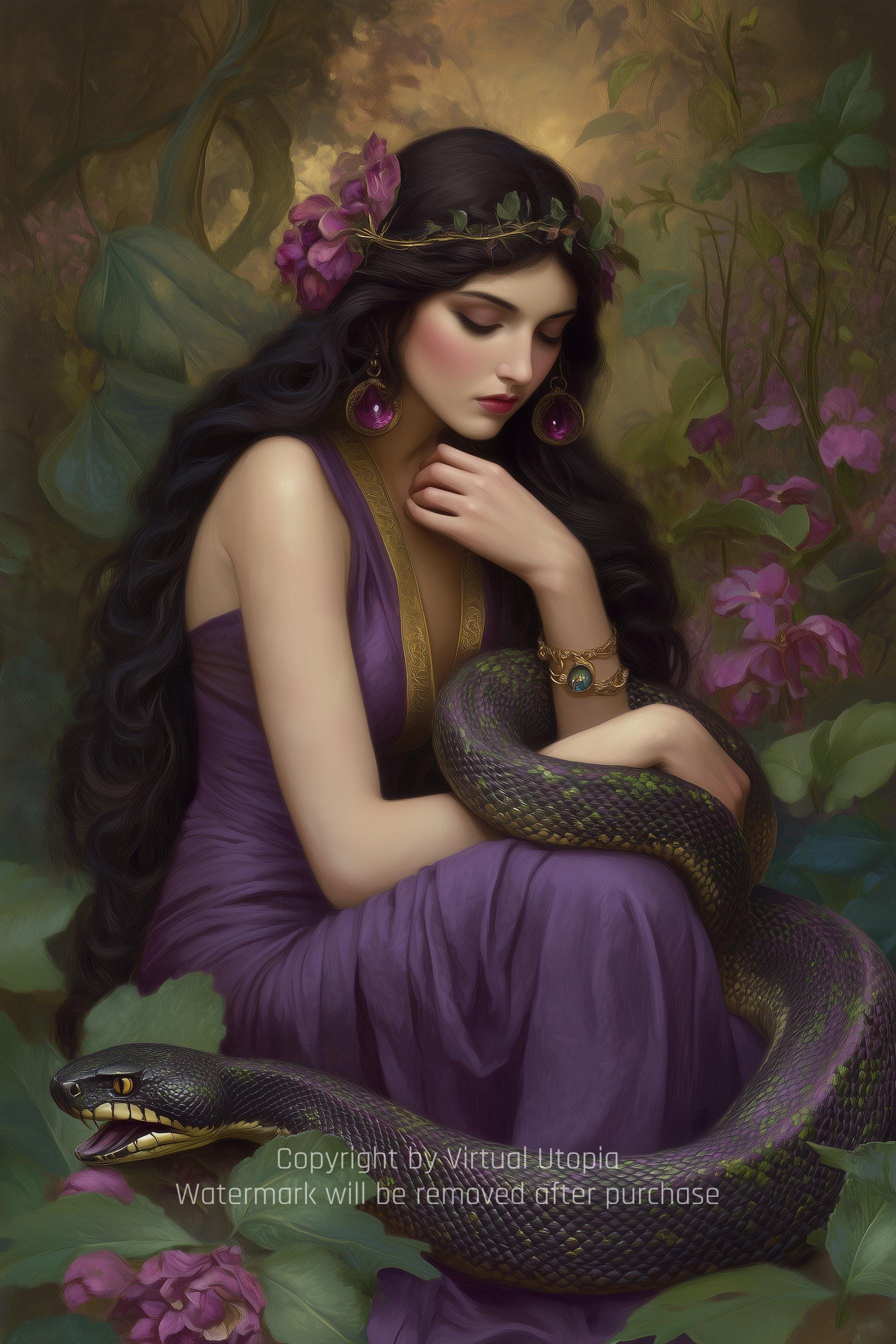 Lilith Serpent Queen Art Print: Printable Purple Green Floral Goddess ...