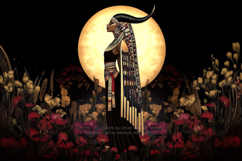 Goddess Hathor Art Print: Printable Egyptian Floral Moon Altar Wall ...