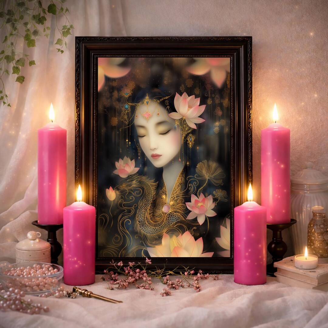 Quan Yin Lotus Dragon Print: Printable Abstract Pink Gold Goddess Altar ...