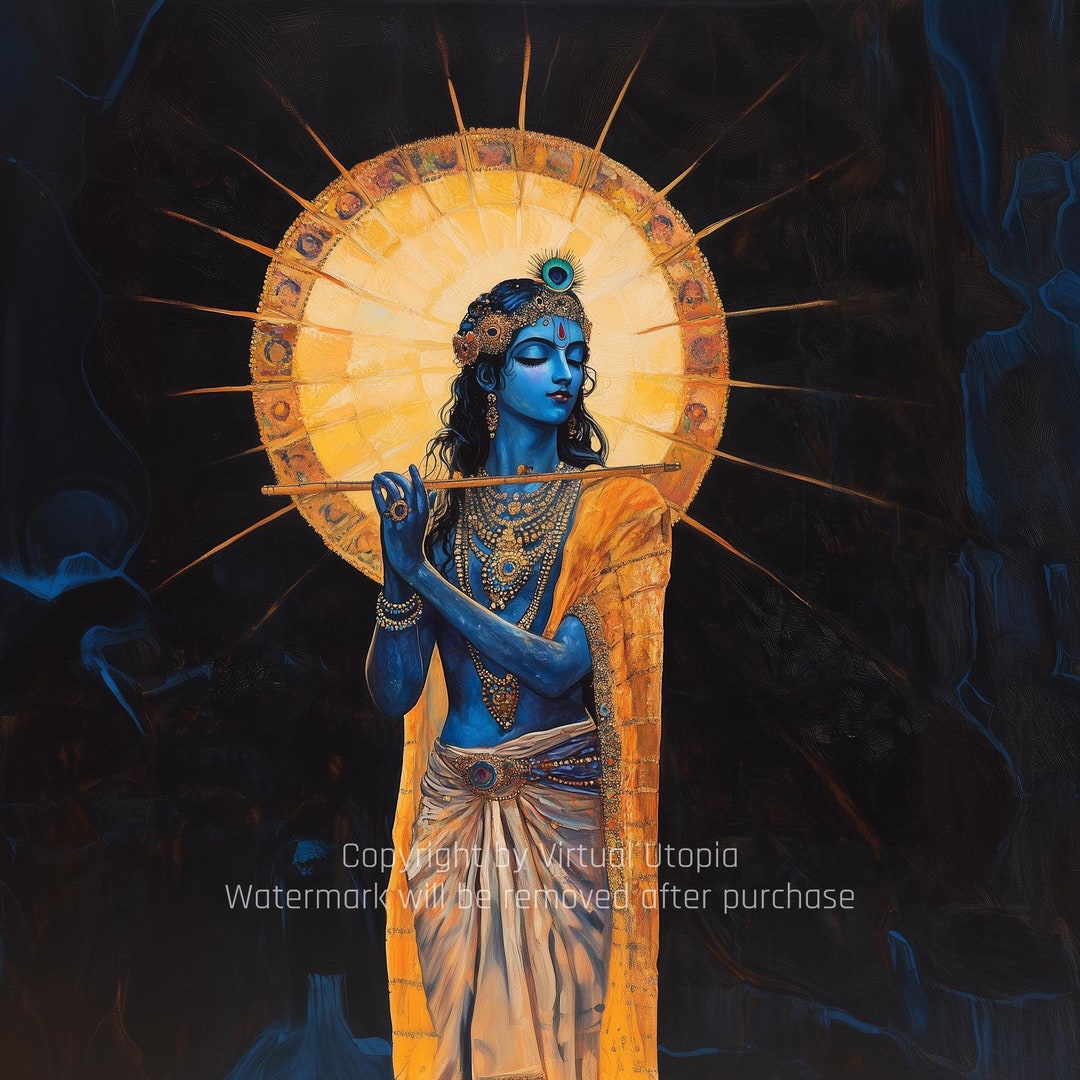 Lord Krishna Playing the Flute Orange Blue Black Background INSTANT ...
