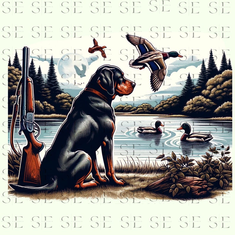 Lake Hunting Dog and Ducks PNG, Tranquil Nature Scene, Instant Download ...