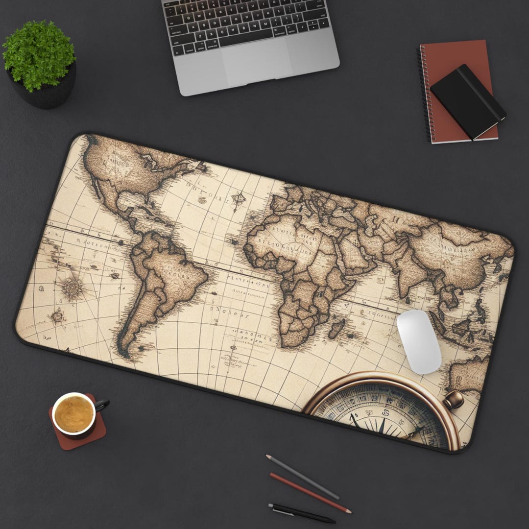 Vintage World Map Desk Mat | Aesthetic Desk Accessory | Compass ...