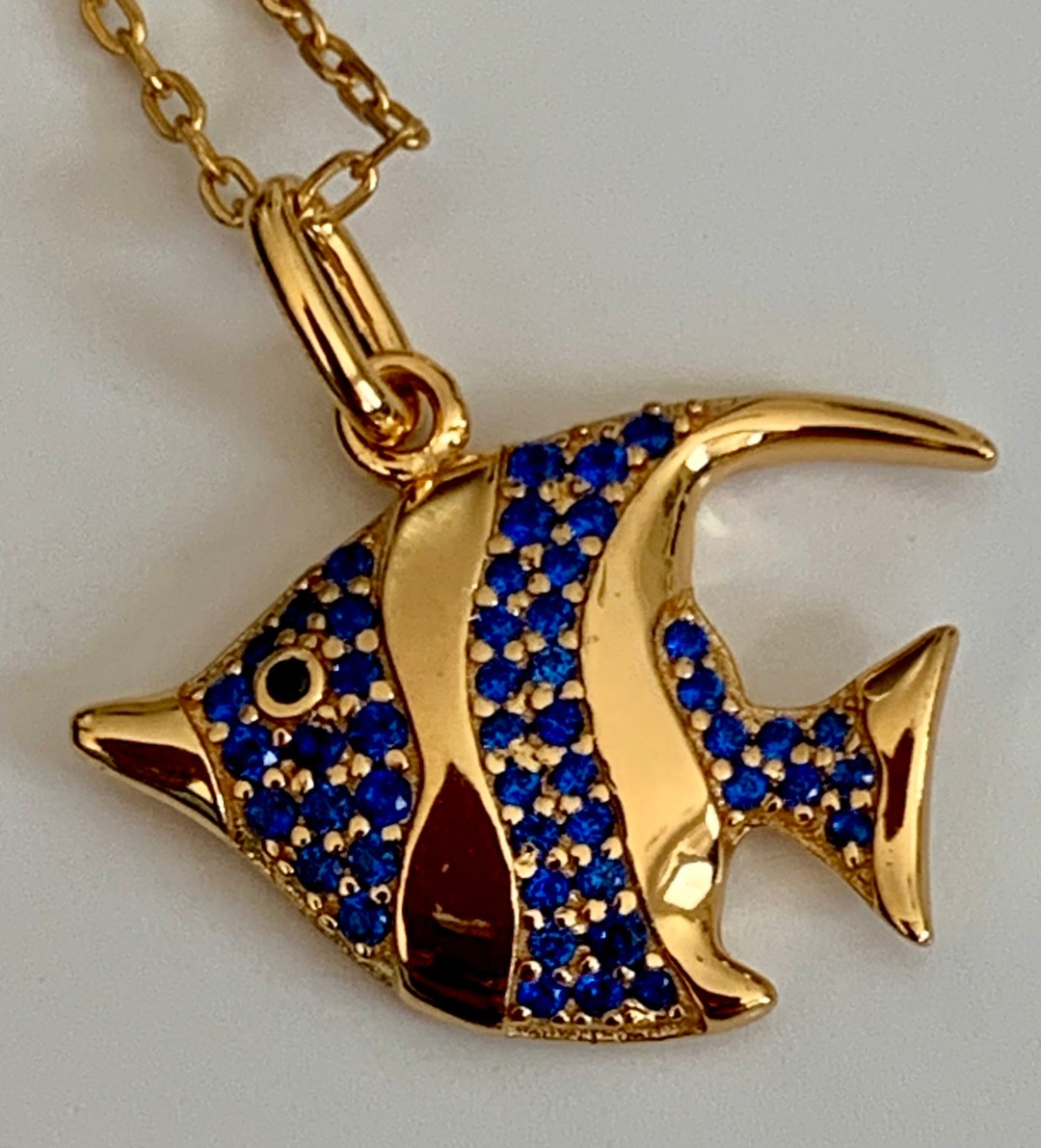 HH Unique Design Blue Pave Fish Gold-tone Pendant Necklace- Sterling ...