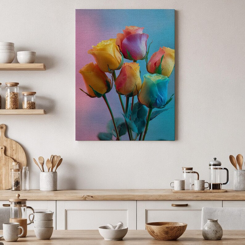 Colorful Rose Bouquet Framed Canvas, Vibrant Floral Wall Art, Bright ...