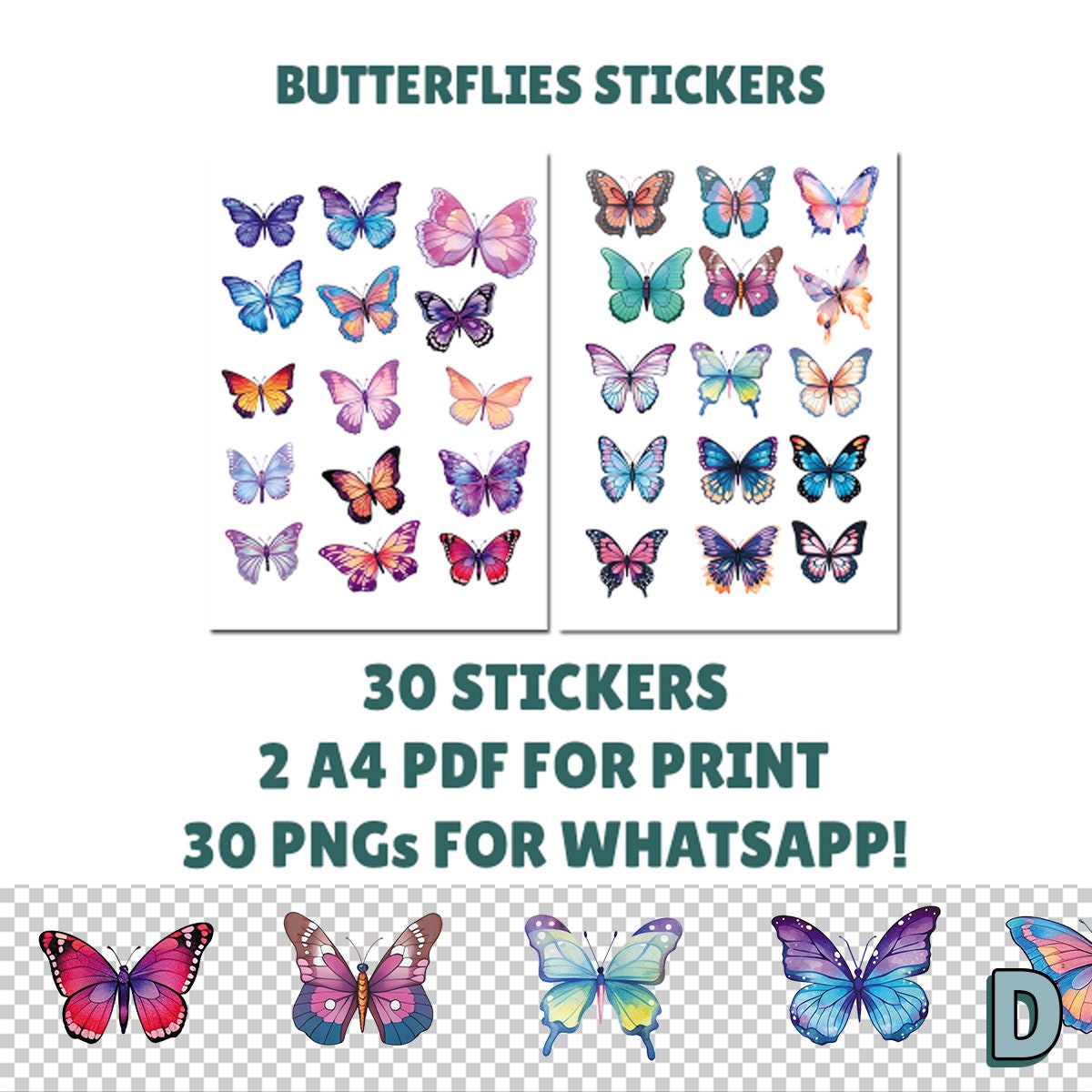 30 Vivid Butterfly Stickers: Printable Stickers Whatsapp - Etsy