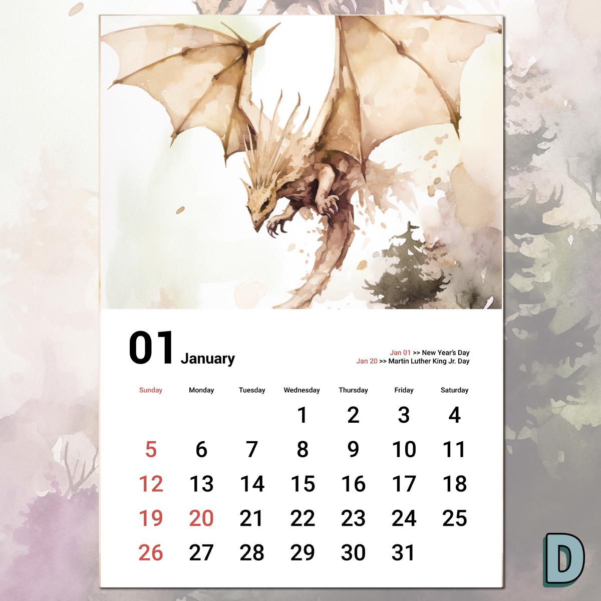 2025 Watercolor Dragons Calendar: Monthly Wall Art, Holiday Dates ...