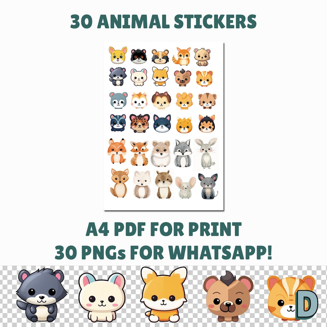 Printable Animal Stickers: 30 Cute Decals for DIY Crafts Set - Etsy