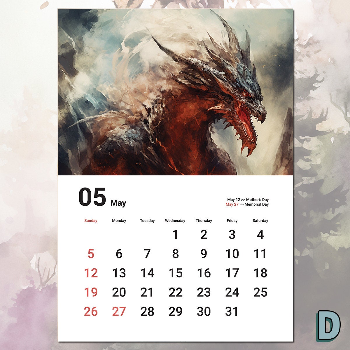 2024 Watercolor Dragons Calendar: Monthly Wall Art, Holiday Dates ...