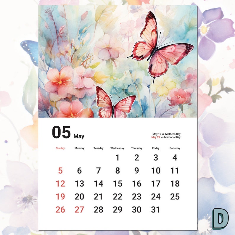 2024 Butterfly Calendar: Watercolor Art, Printable, Holiday Dates ...