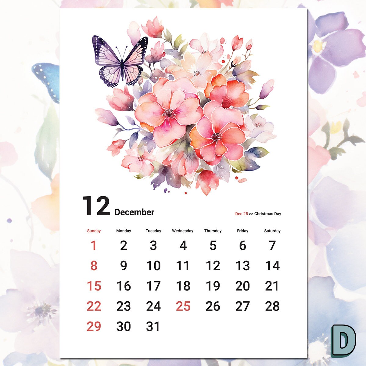 2024 Butterfly Calendar: Watercolor Art, Printable, Holiday Dates ...
